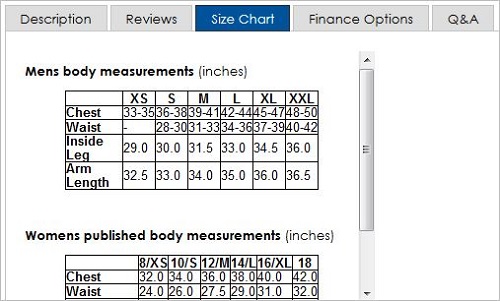 IRP Help - Size Charts